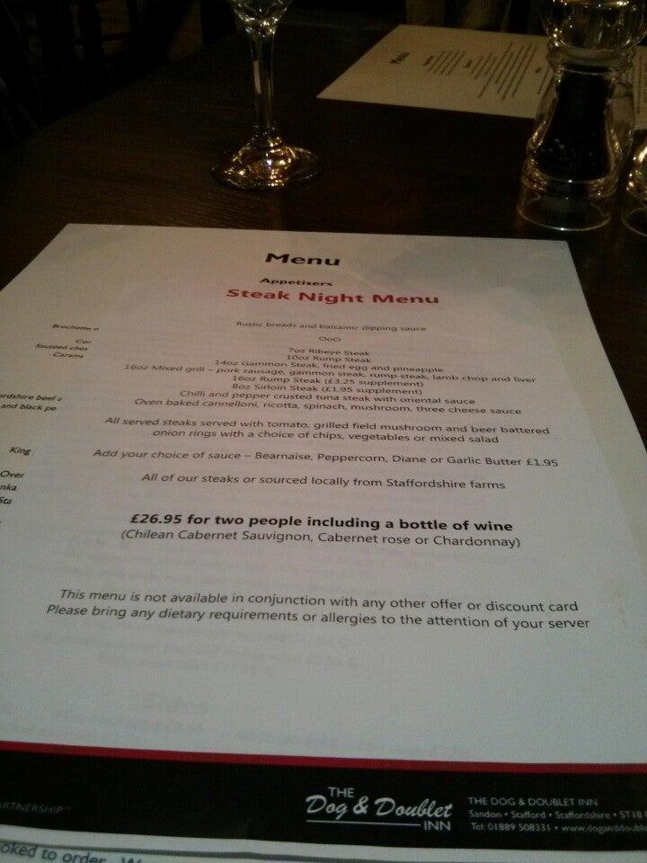 Menu at Dog & Doublet Inn pub & bar, Stafford