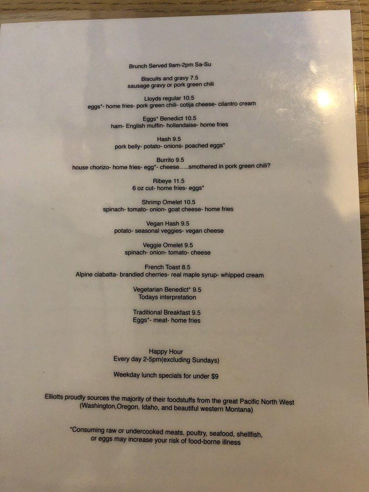 Menu at Elliotts an urban kitchen restaurant, Spokane