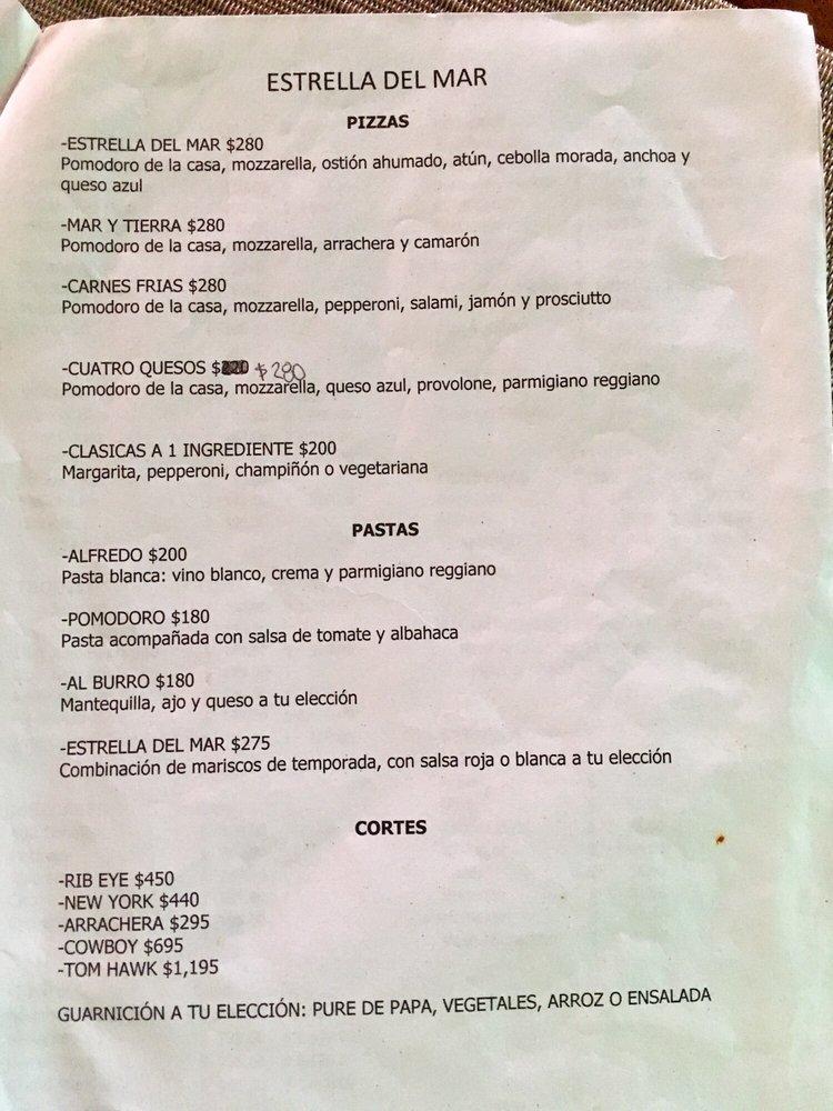 Carta del restaurante Estrella del Mar, La Paz