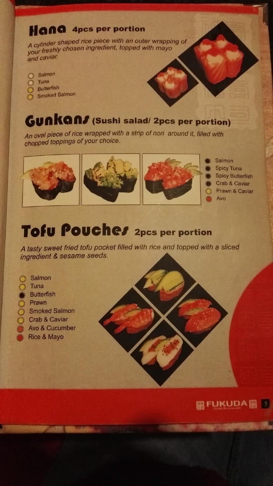 Menu at Fukuda Sushi Restaurant, Centurion, 25°50'25. 28°11'08 Jean ...