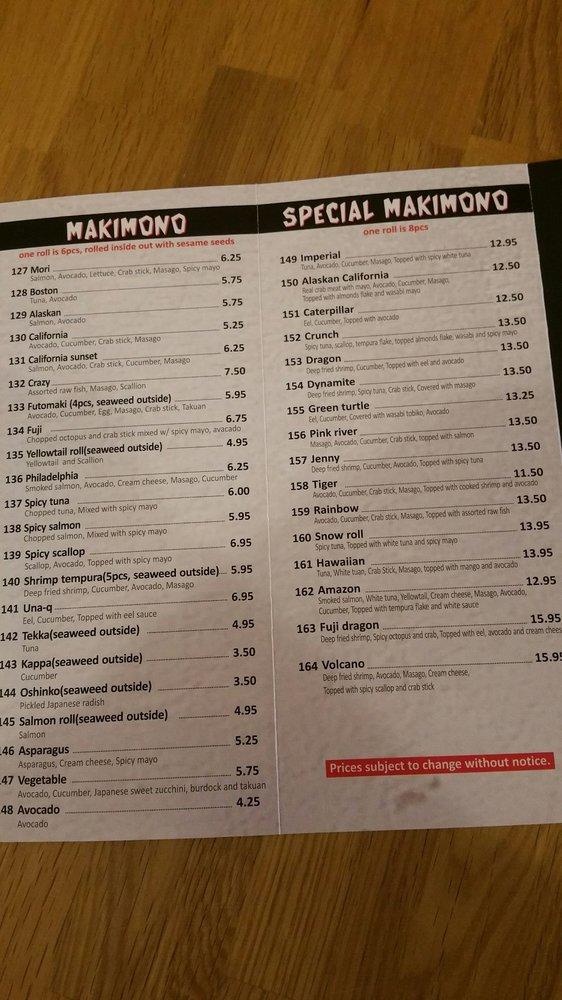 Menu at Mori Sushi restaurant, Newport