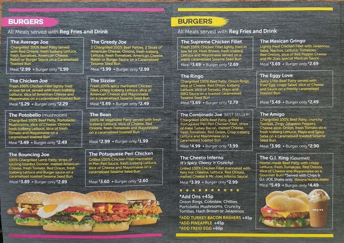 Menu at Mr Joe's fast food, Blackburn