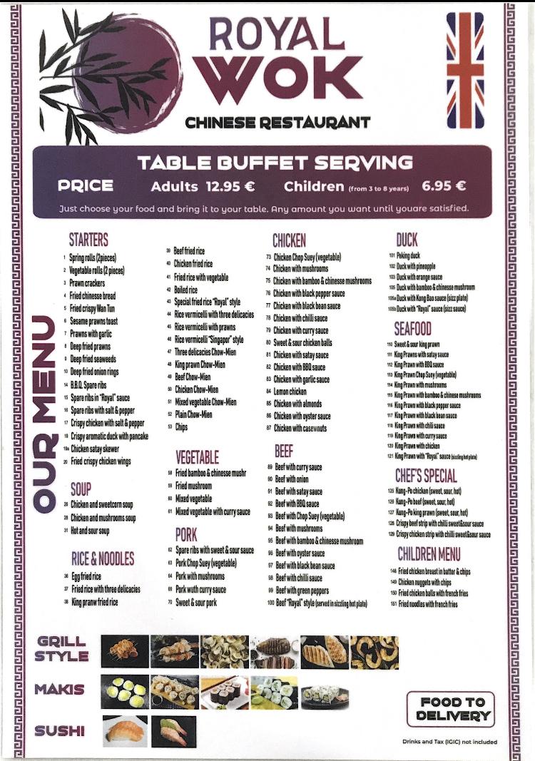 Menu at Royal China Wok restaurant, Playa Blanca