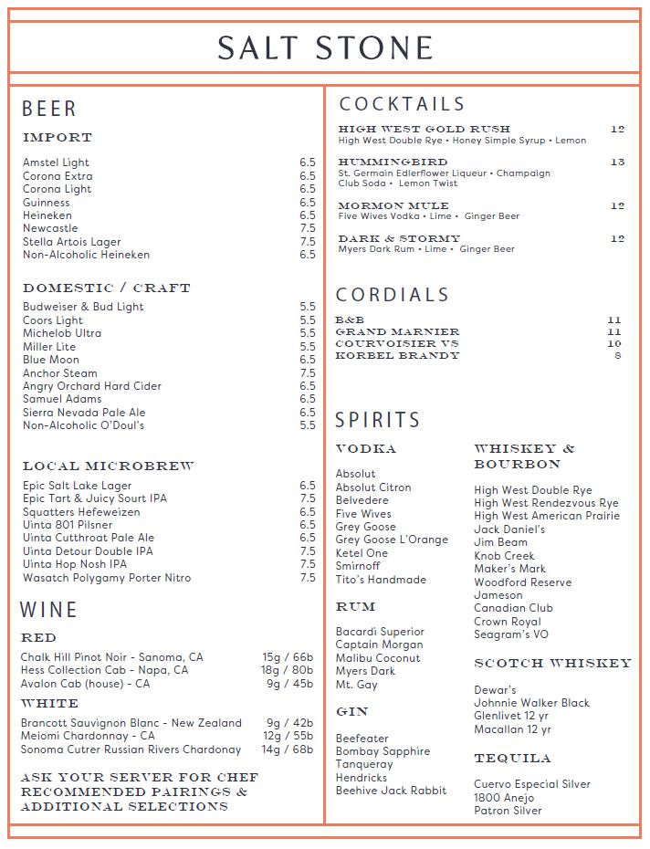 Menu at Salt Stone restaurant, Salt Lake City
