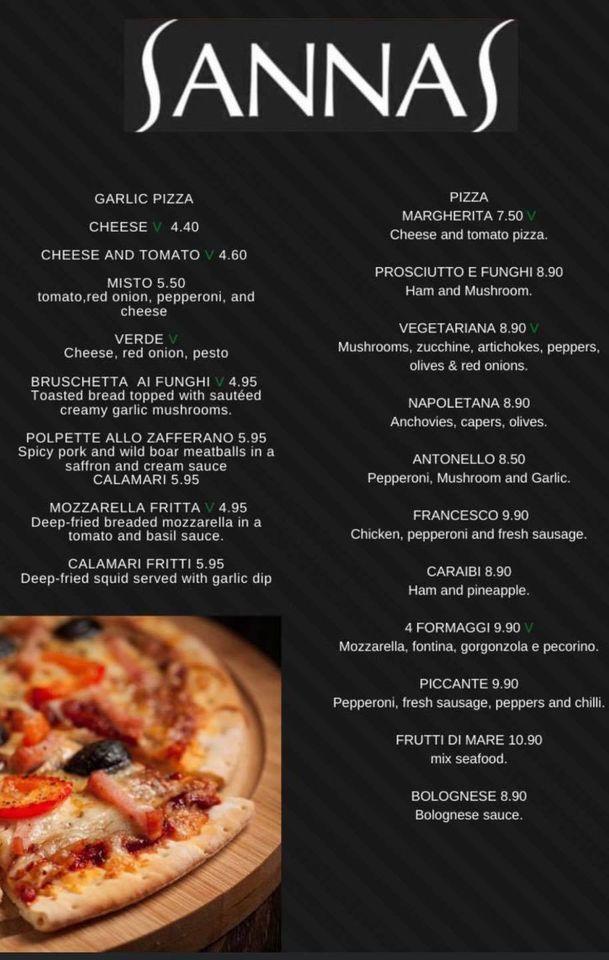 Menu at SannaS restaurant, Carlisle