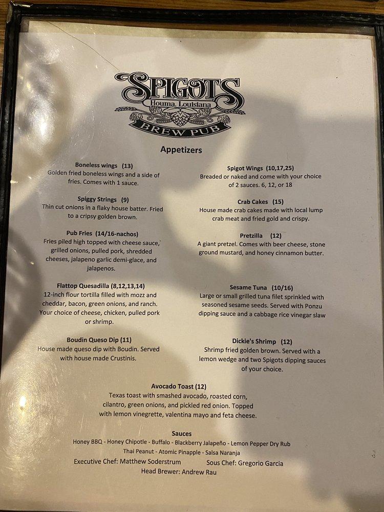 Menu at Spigots Brew Pub, Houma