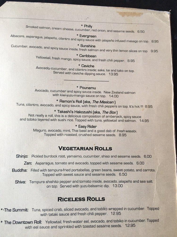 Menu at Takashi restaurant, Salt Lake City