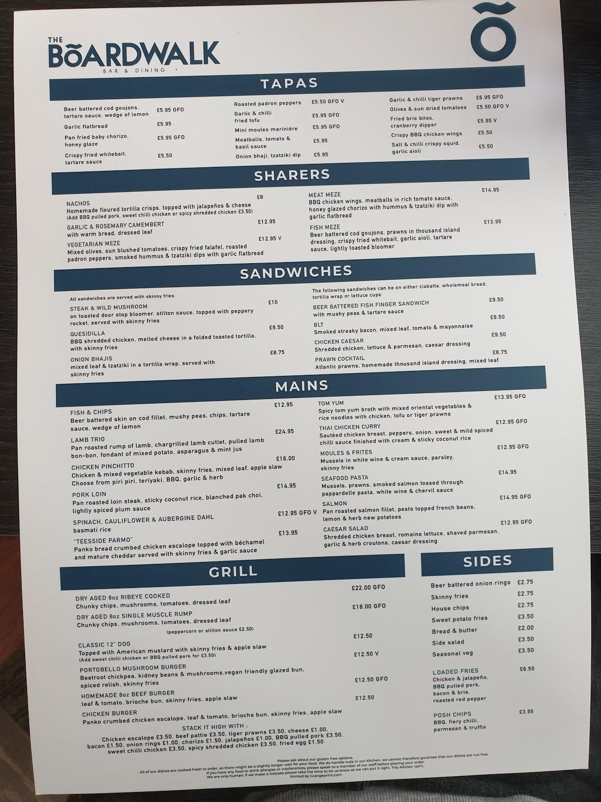 Carta de The Boardwalk Bar & Restaurant, Willington