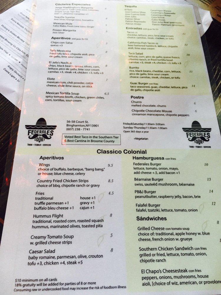 Menu at Colonial pub & bar, Binghamton
