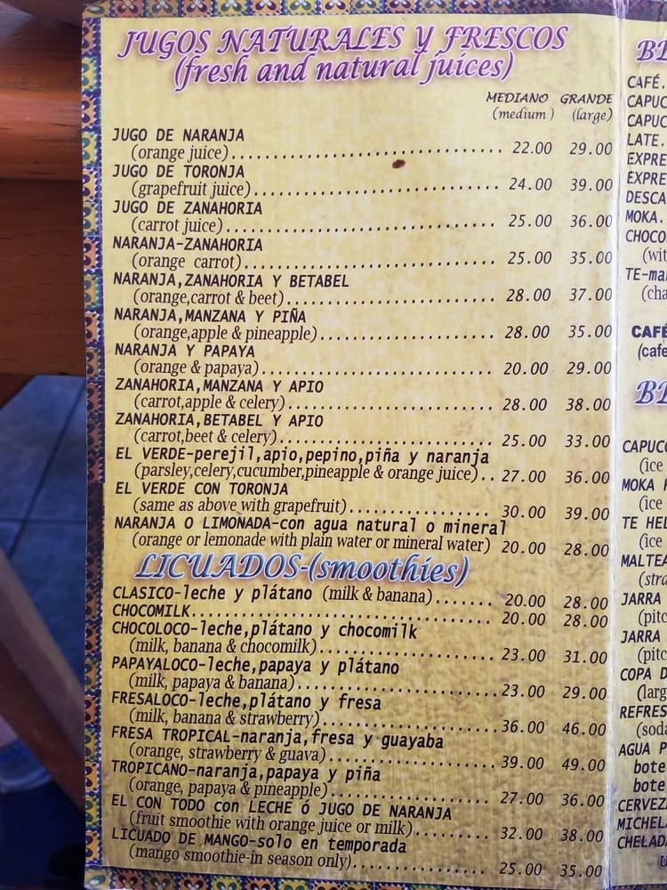 Menu at El Cafecito, Puerto Escondido, Boulevard Benito Juárez 1