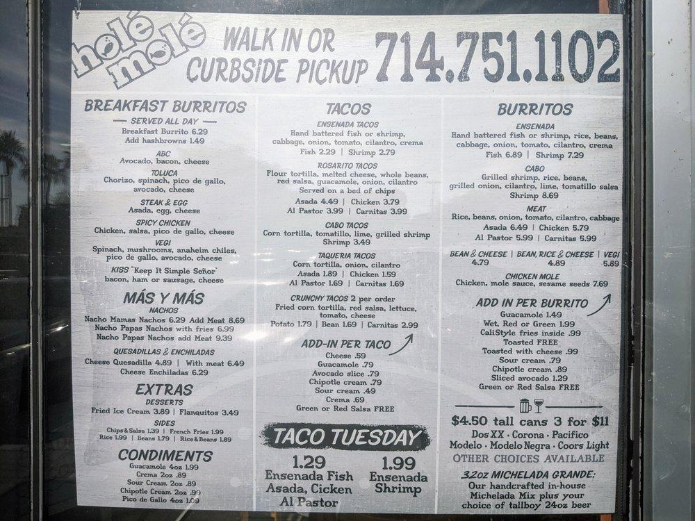 Menu at Holé Molé restaurant, Costa Mesa, Adams Ave unit b