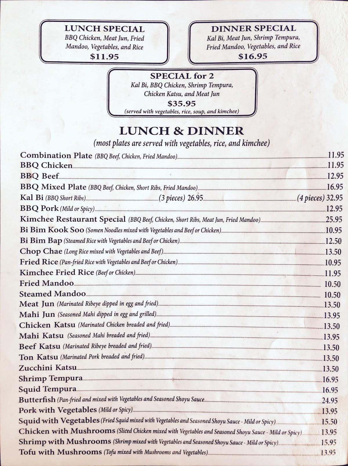 Menu at Kim Chee #9 restaurant, Lihue