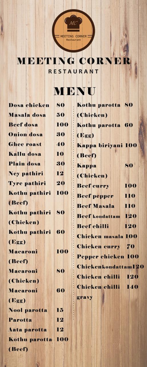 Menu at Meeting Corner, Koyilandy