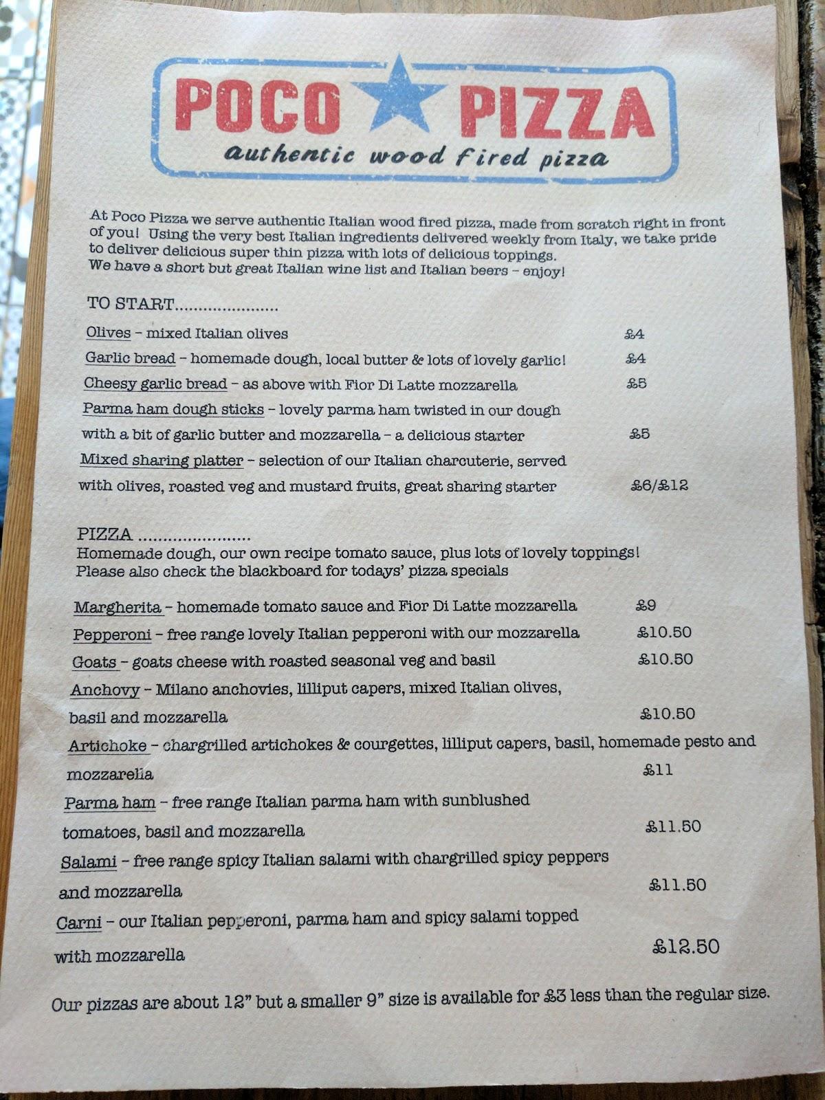 Menu at Poco Pizza restaurant, Lyme Regis