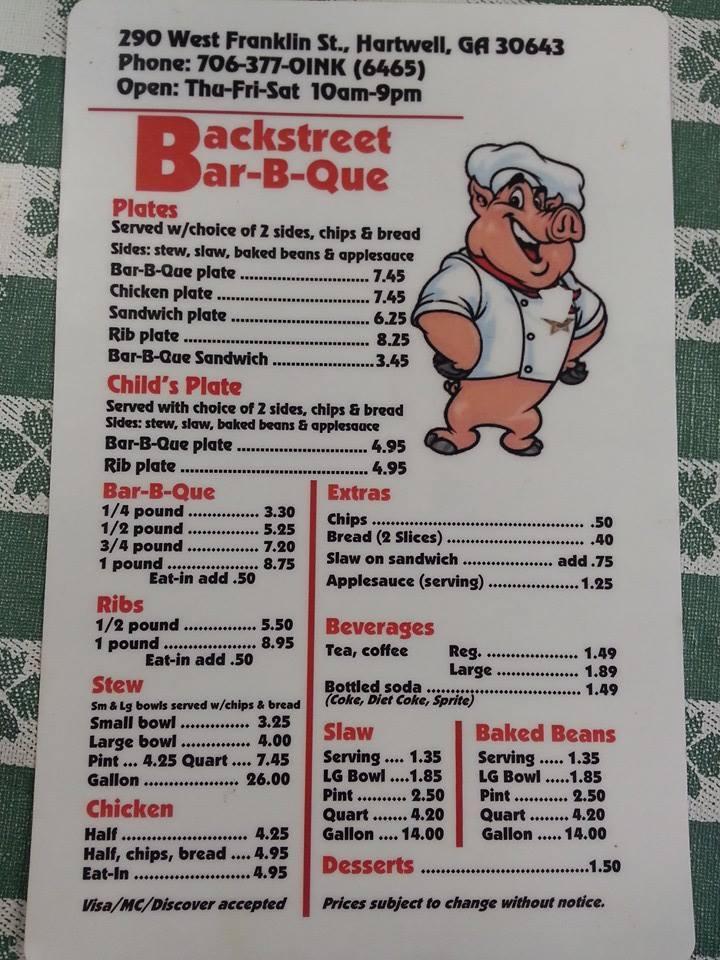 Menu at Backstreet BBQ, Hartwell
