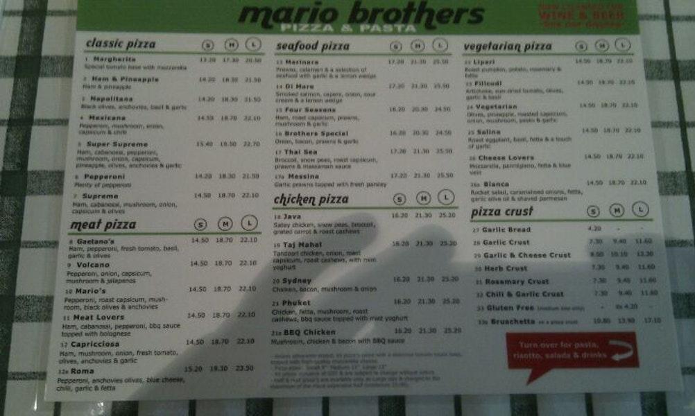 Menu at Mario Brothers pizzeria, Crows Nest