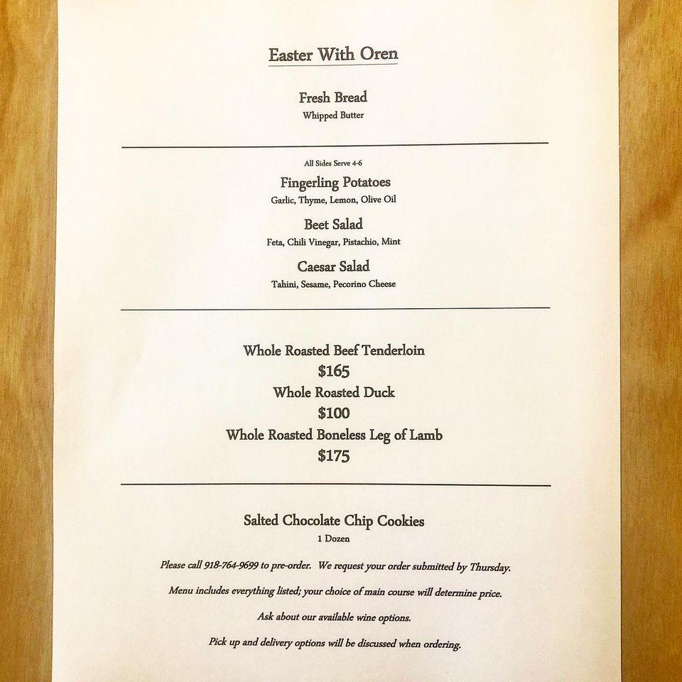 Menu at Oren Restaurant, Tulsa