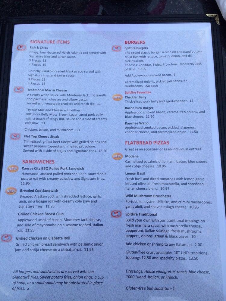 Menu at Spitfire pub and grill, Okauchee Lake