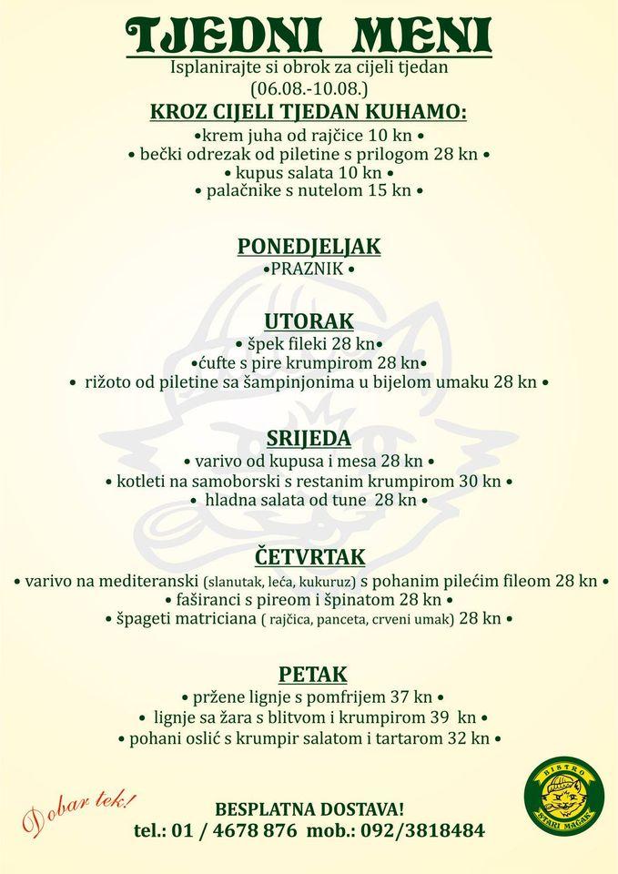 Menu at Bistro "Stari Mačak" restaurant, Zagreb