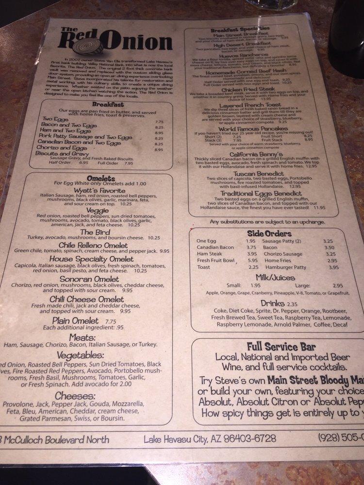 Menu at The Red Onion restaurant, Lake Havasu City