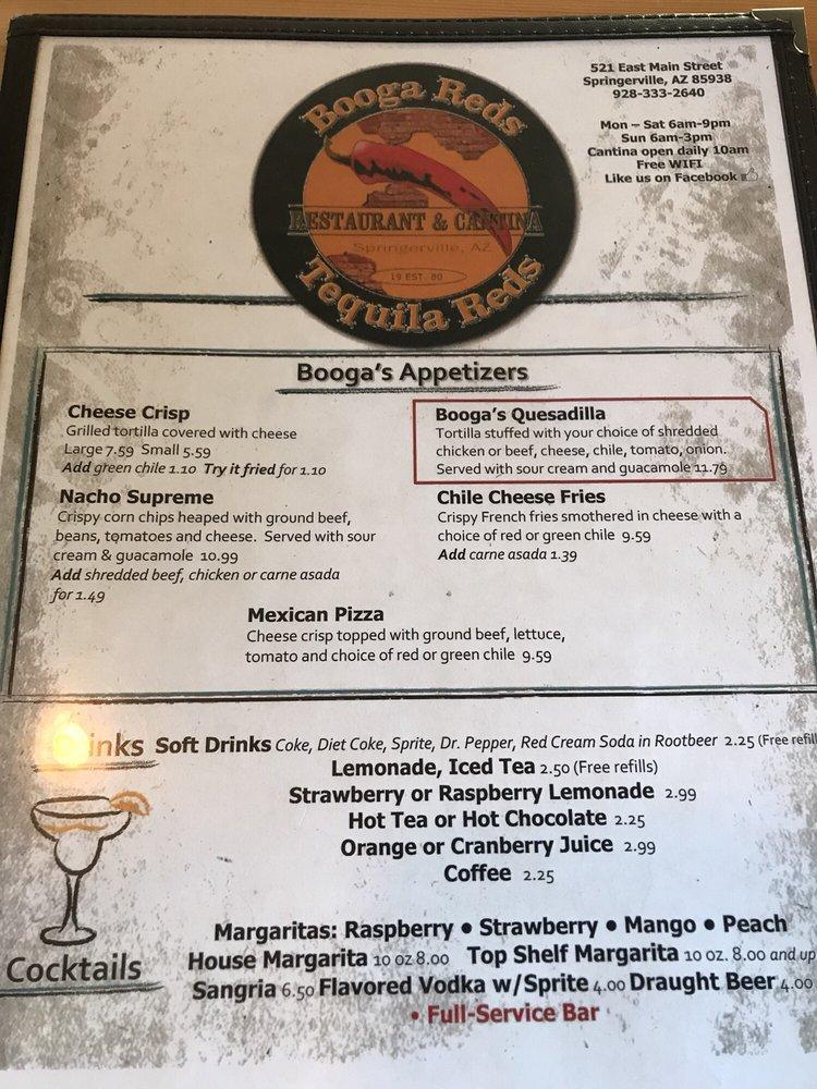 Menu at Booga Red's Restaurant, Springerville