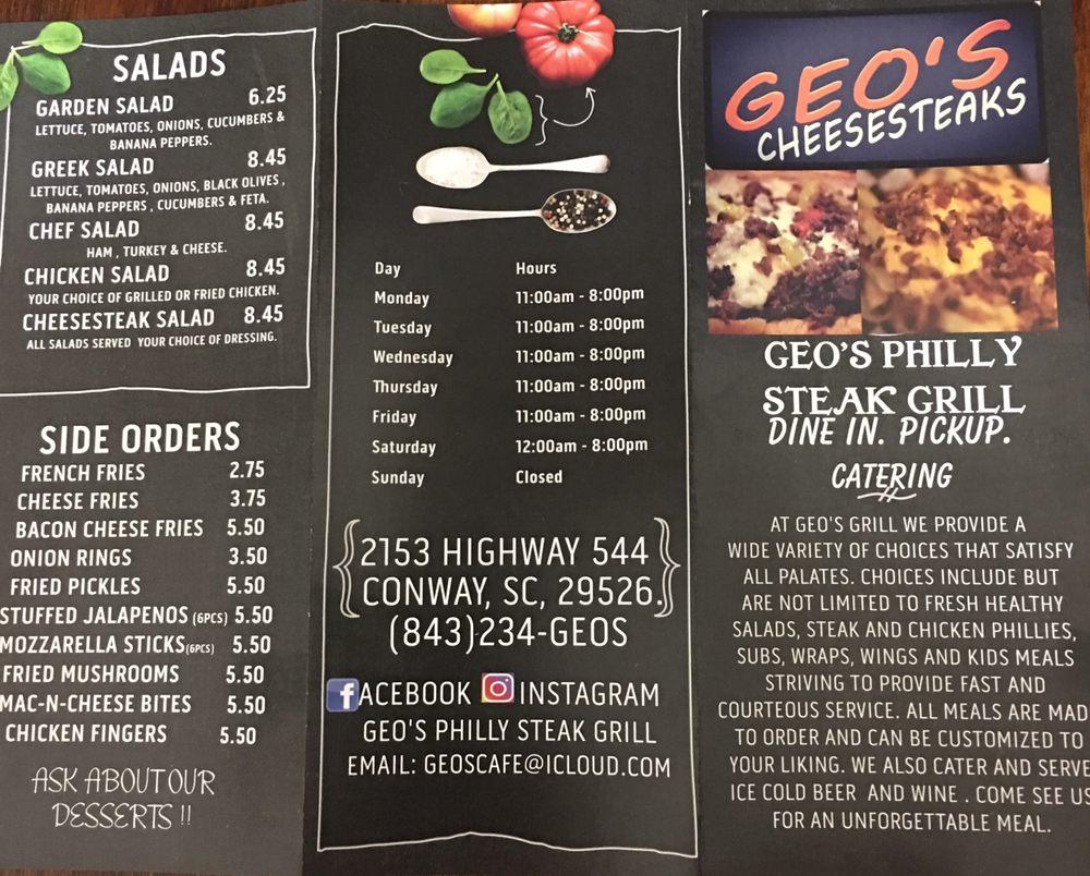 Menu at Geo's Philly Steak Grill restaurant, Conway, SC-544