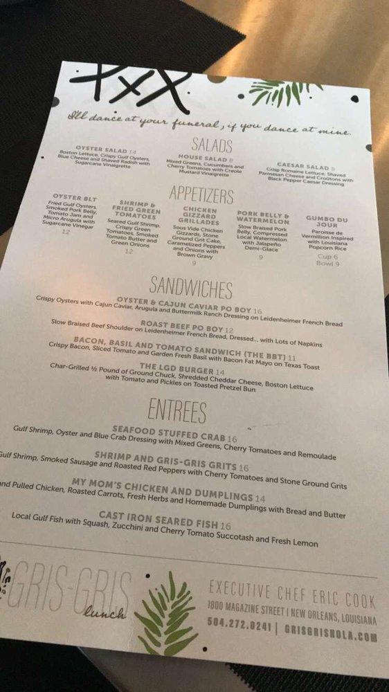 Menu at Gris-Gris restaurant, New Orleans