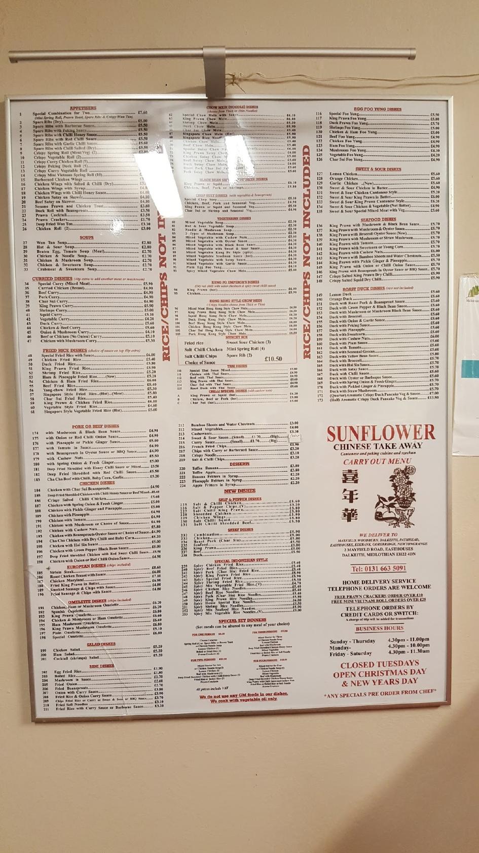 Menu at Sunflower fast food, Dalkeith, 2 Mayfield Rd