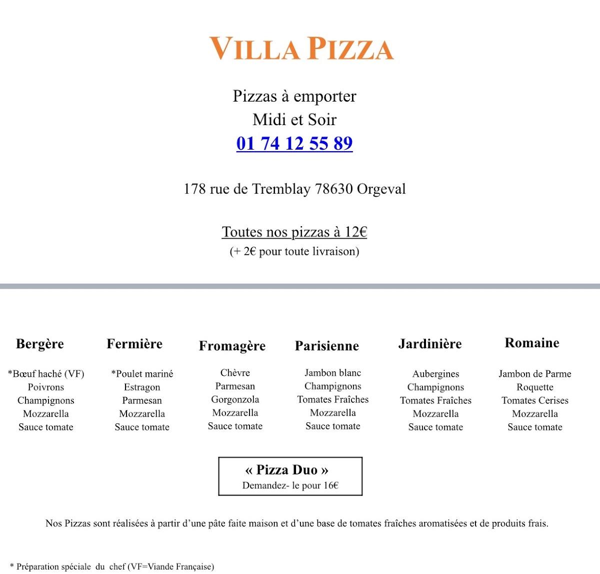 Menu at Villa Pizza Orgeval pizzeria, Orgeval