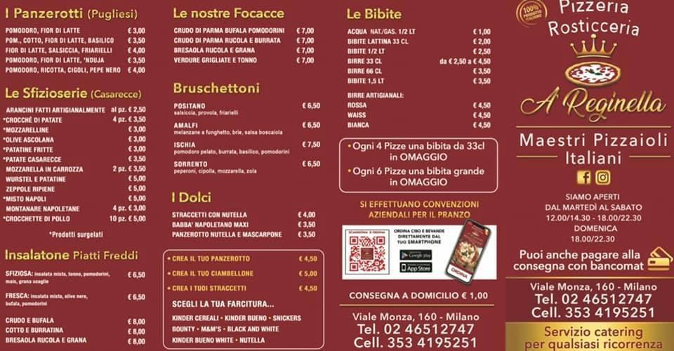Menu da A' Reginella ristorante, Milano, Viale Monza