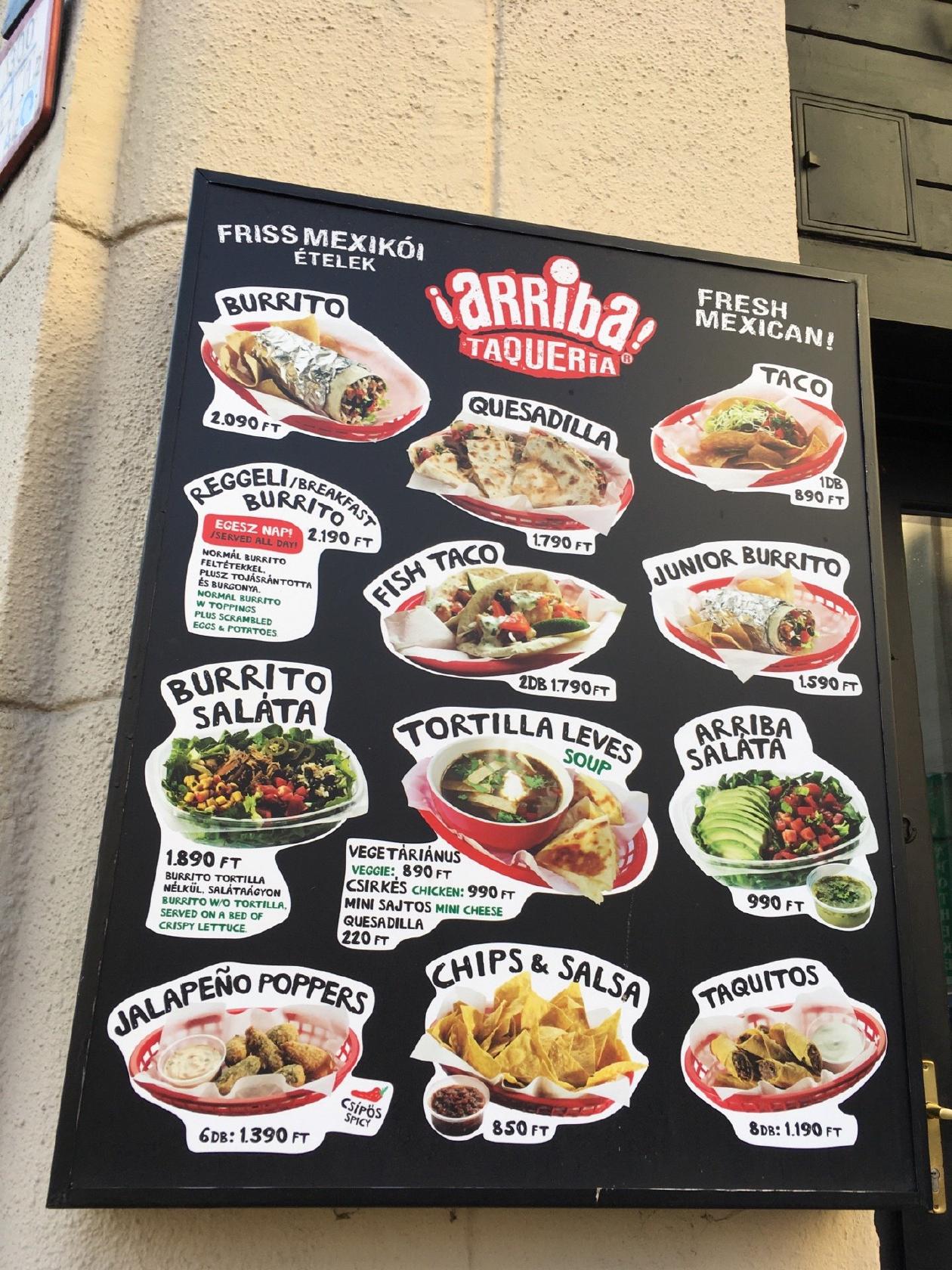 Menu at Arriba! Taqueria - Bartók Béla, Budapest, Bartók Béla út 21