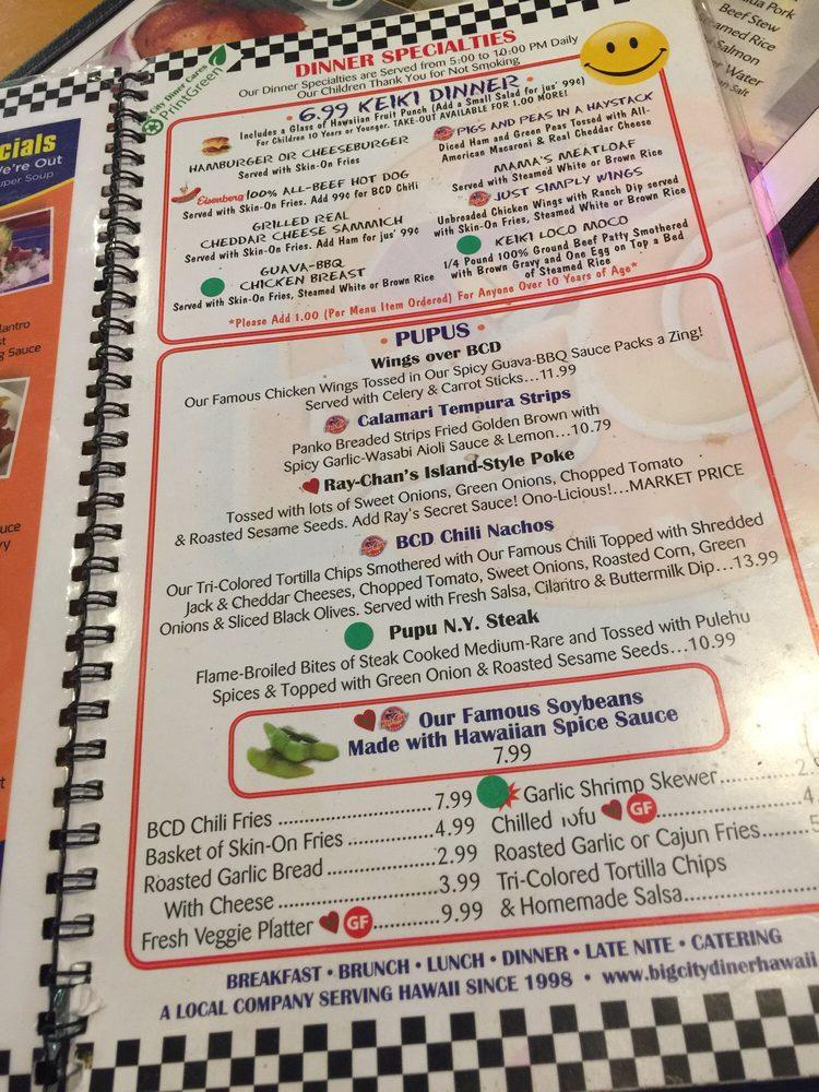 Menu at Big City Diner restaurant, Waipahu, 94-800 Ukeʻe Street #305