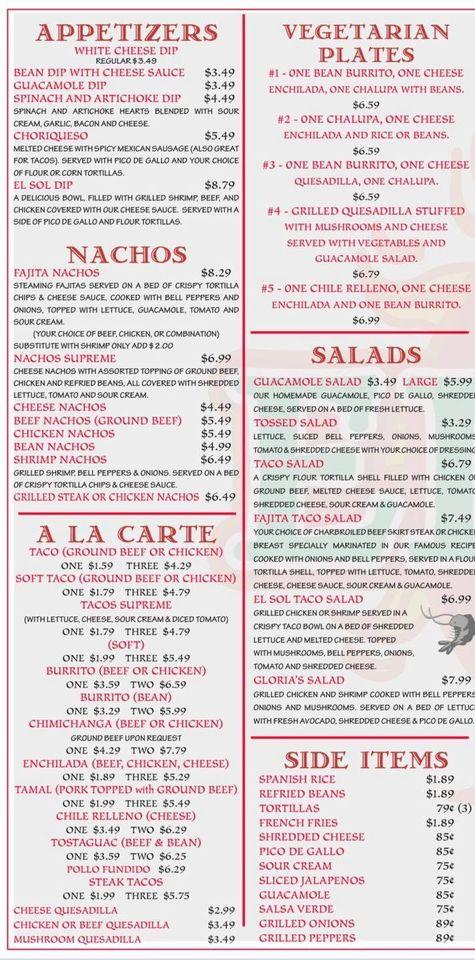 Menu at El Sol Méxican Restaurant, Pine Bluff