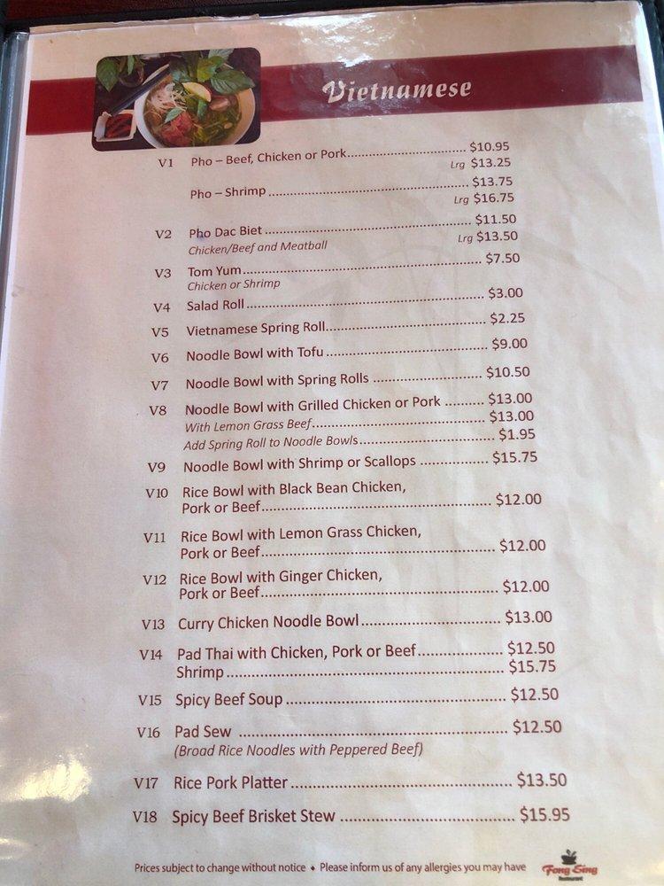 Menu at Fong Sing Restaurant, Halifax