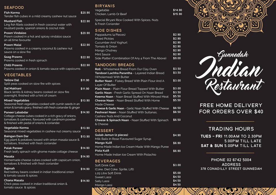 Menu at Gunnedah Indian Restaurant, Gunnedah