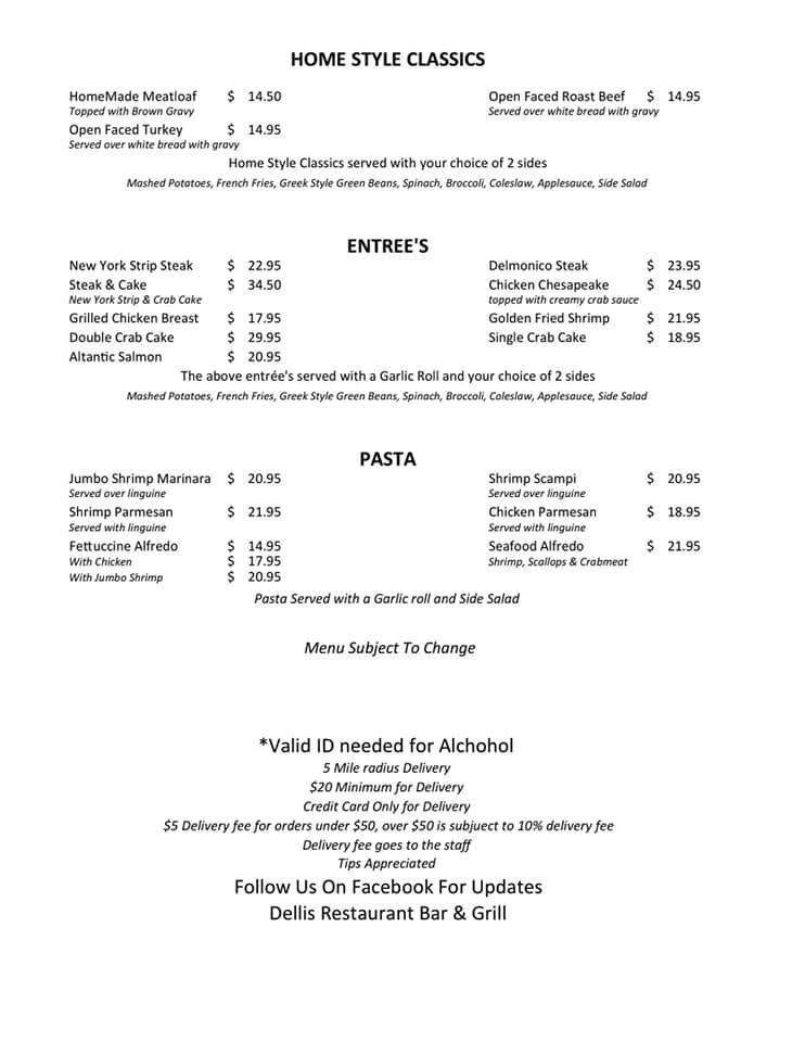 Menu at Dellis' Restaurant Bar & Grill, Rosedale