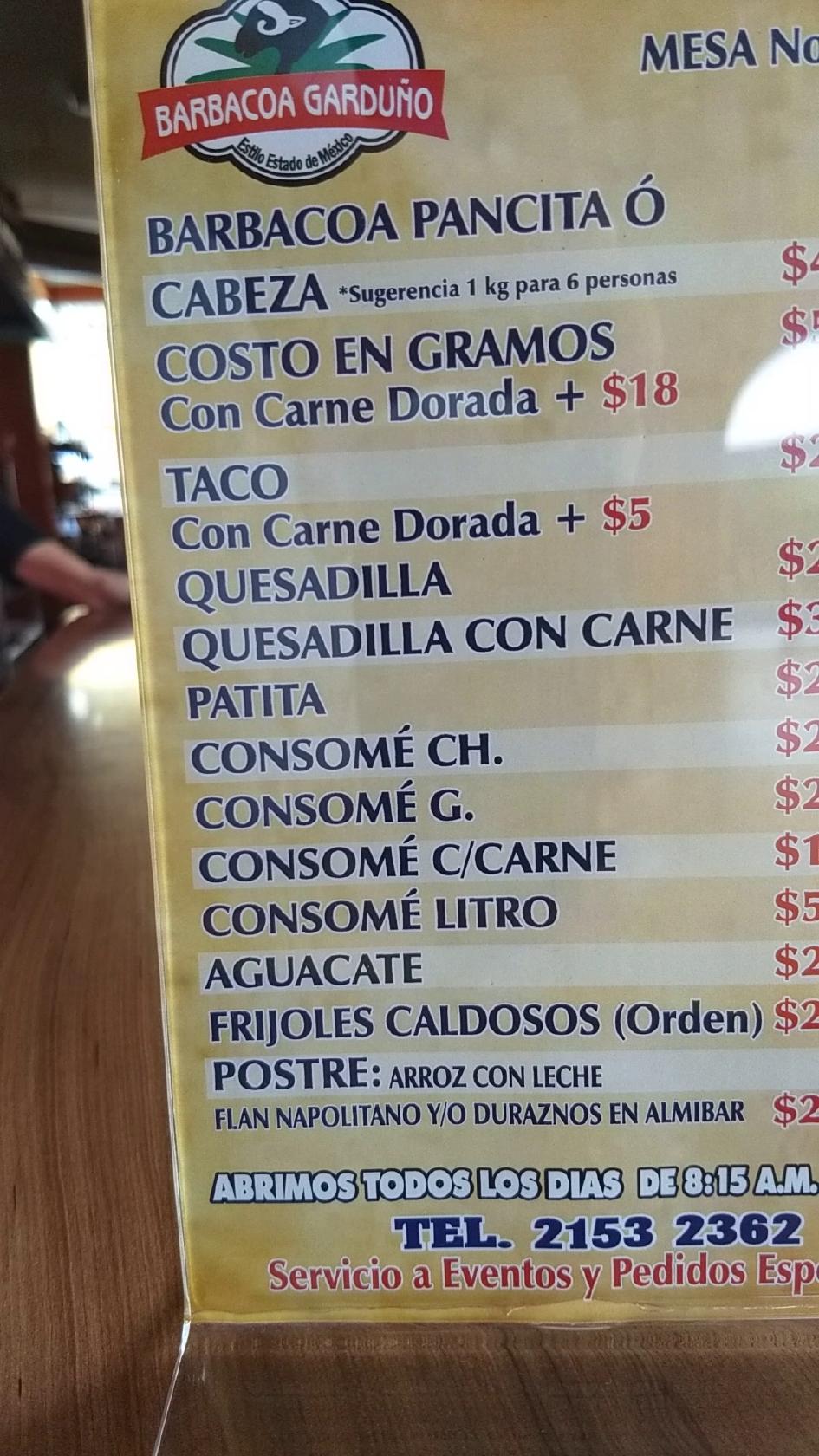 Menu at La Barbacoa Garduño, San José el Quince