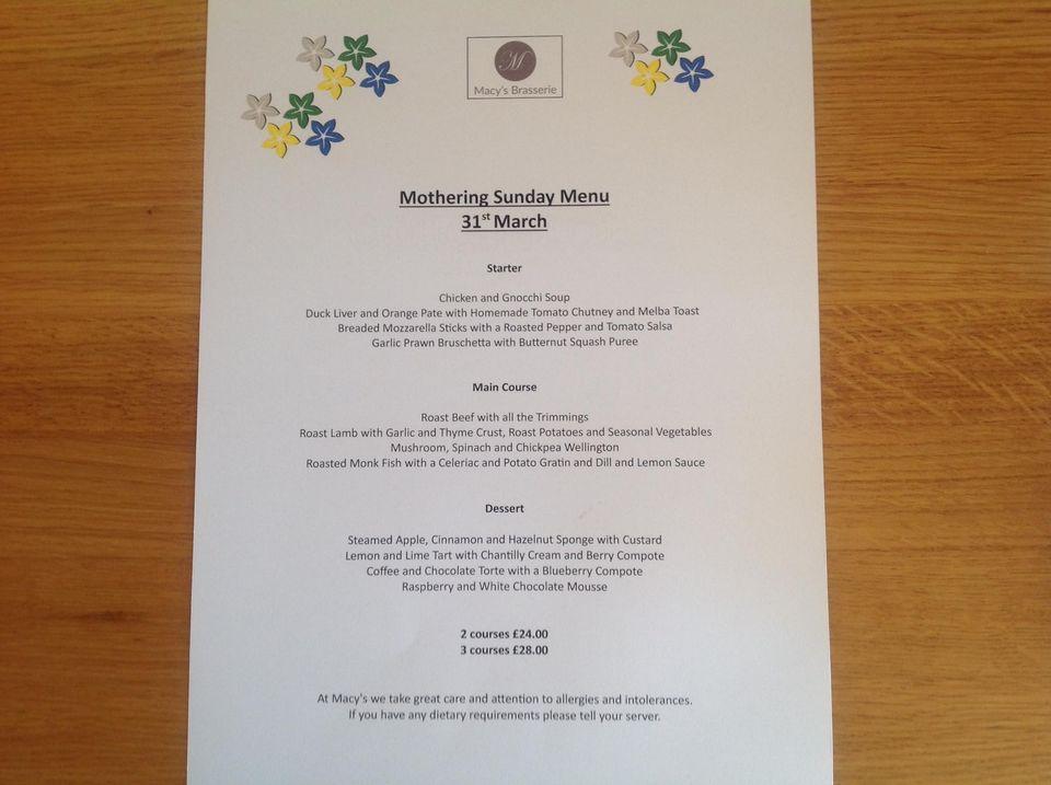Menu at Macy's Brasserie restaurant, Navenby