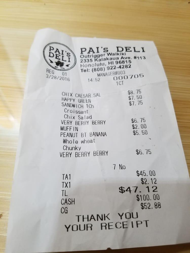 Menu at Pai's Deli fast food, Honolulu, Kalākaua Ave # 113