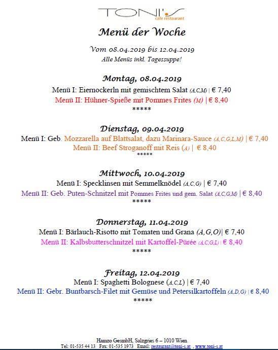 Menu at Toni's restaurant, Vienna, Salzgries 6