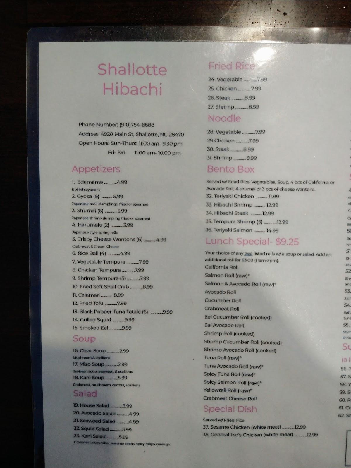 Menu at Shallotte Hibachi restaurant, Shallotte
