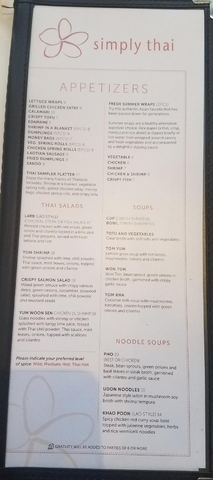 Menu at Simply Thai and Sushi restaurant, Elon