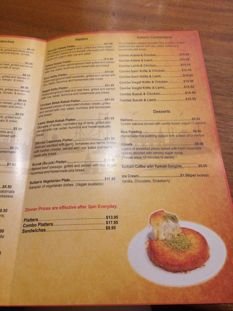 Menu at Sultan Kebab restaurant, Charlottesville, 333 2nd St SE