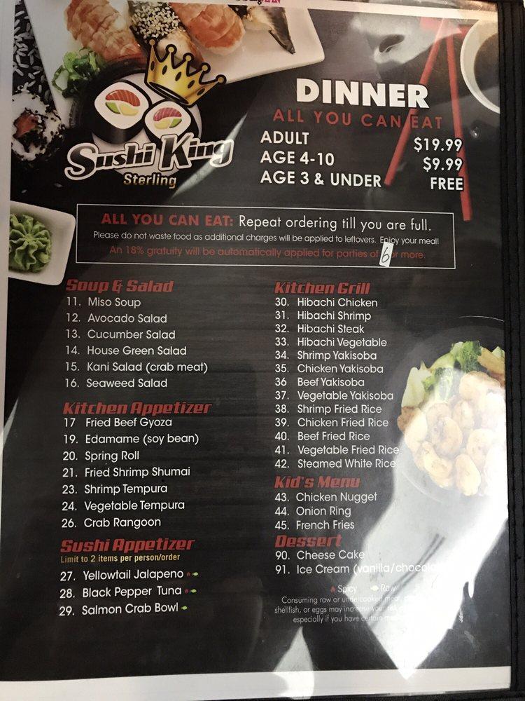 Menu at Sushi King restaurant, Sterling