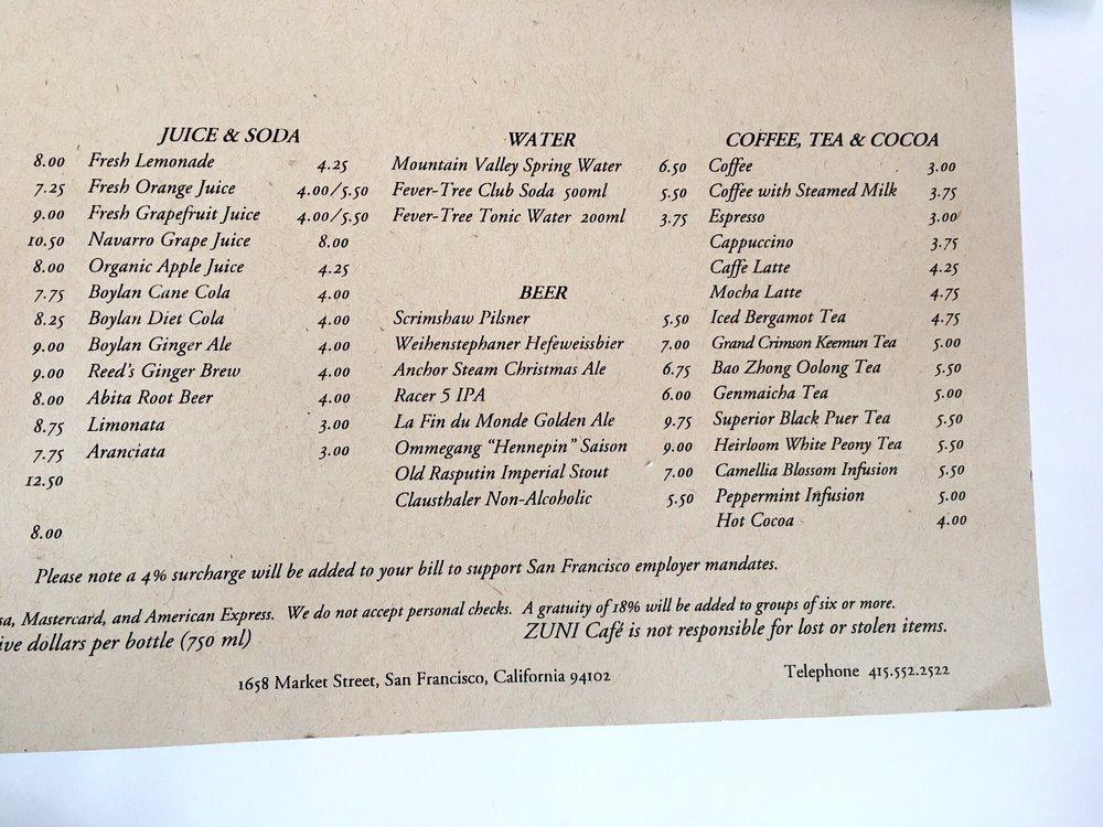 Menu at Zuni Café restaurant, San Francisco