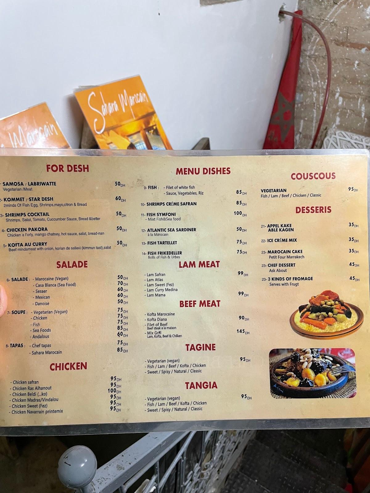 Menu au sahara marocain restaurant, Marrakech