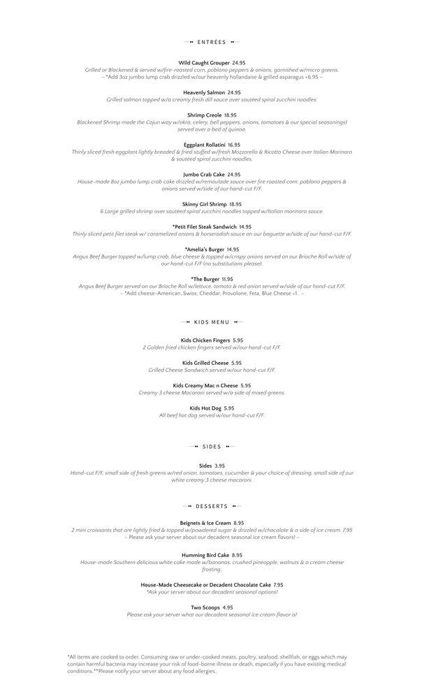 Menu at Amelia's Bar & Grille, Ocean Isle Beach