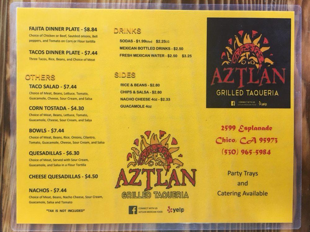 Menu at Aztlan Grilled Taqueria restaurant, Chico