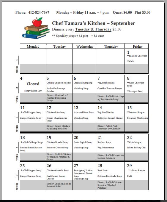 Menu at Chef Tamara's Kitchen restaurant, North Versailles, 500 Lincoln Hwy