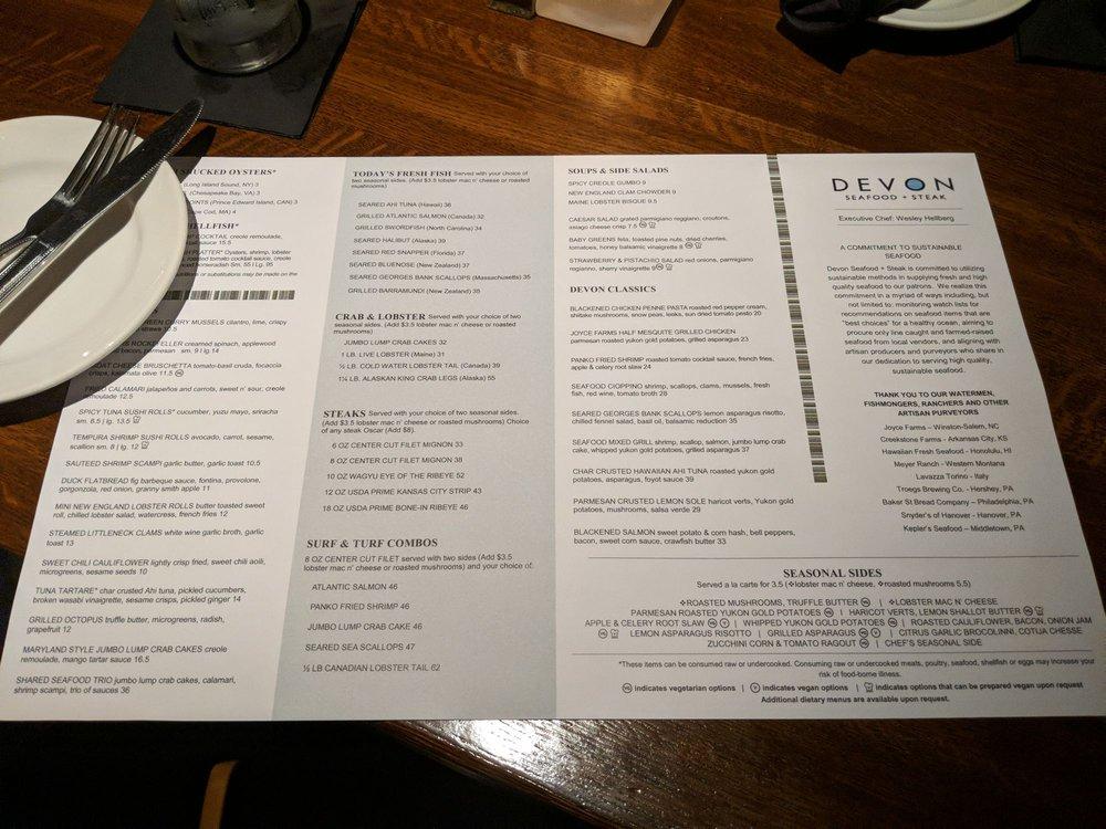 Menu at Devon Seafood & Steak pub & bar, Hershey